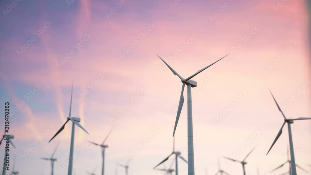 Wind farm turbines caught in sunset sky. Beautiful contrast with the sky. ecological concept. 3d ...