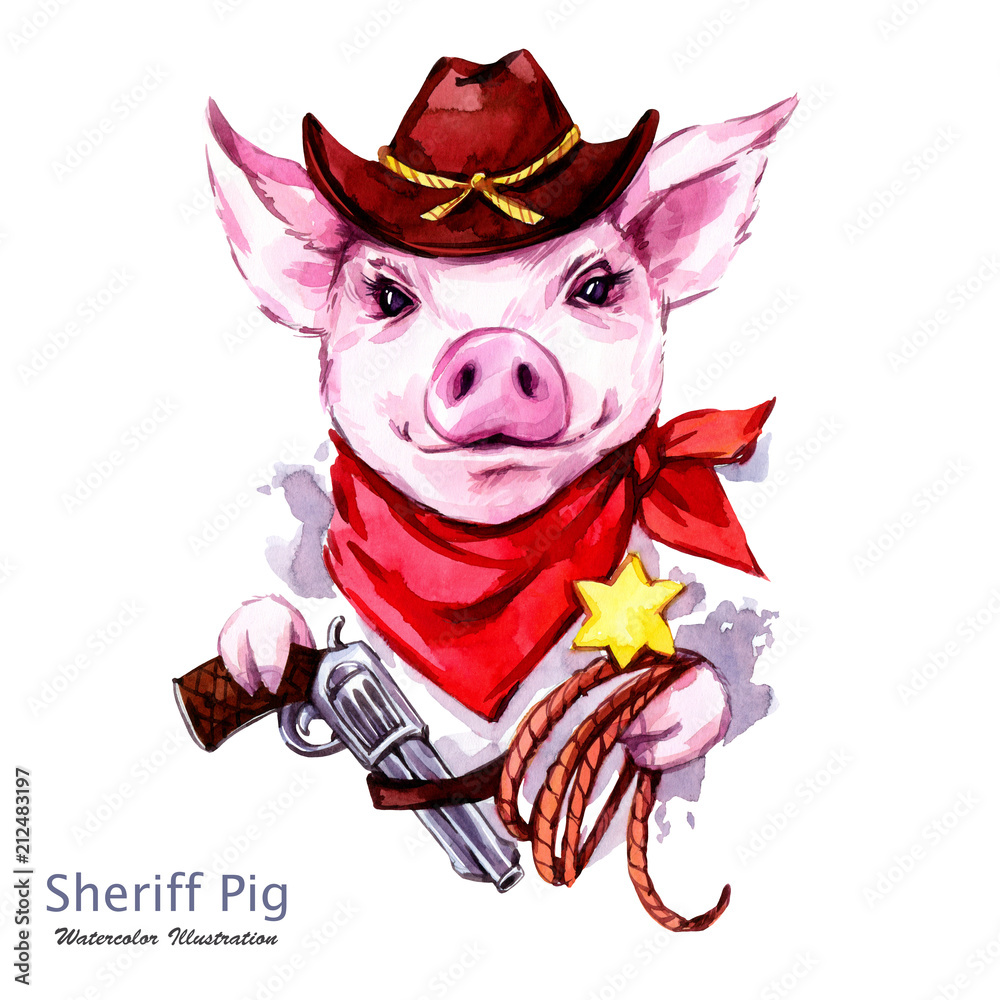 Children illustration. Watercolor sheriff pig in hat with revolver and ...