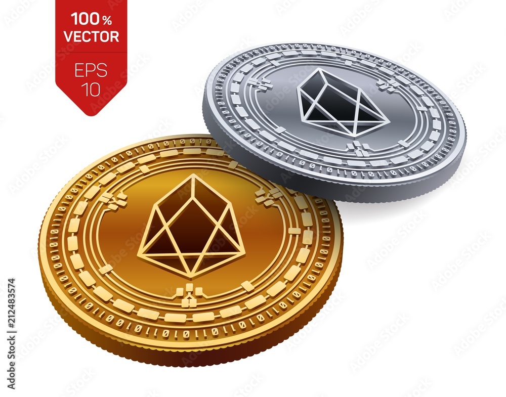 EOS. Crypto currency. 3D isometric Physical coins. Digital currency. Golden and silver coins ...