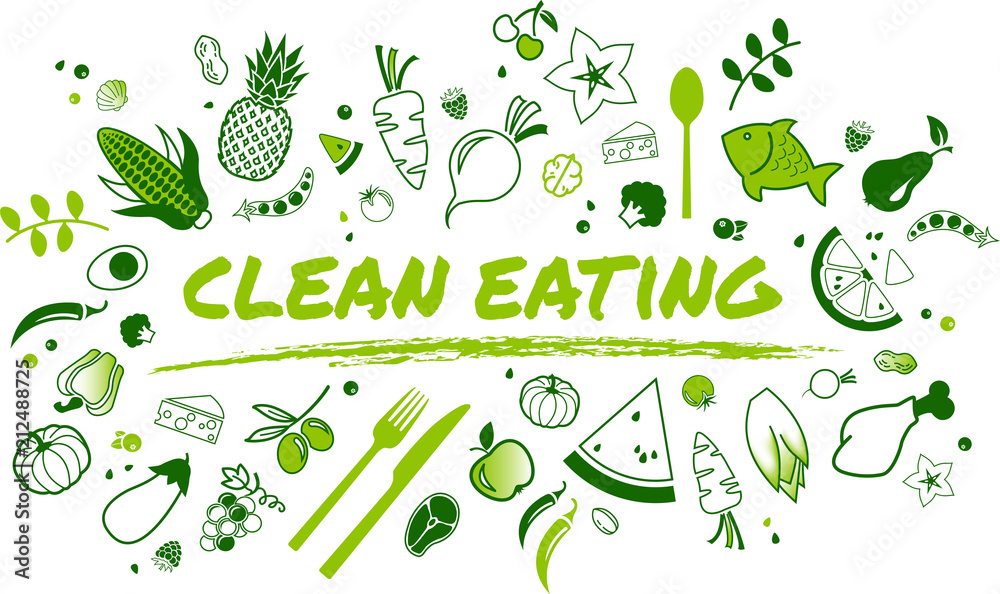clean eating concept: healthy and well-balanced food items - vector ...