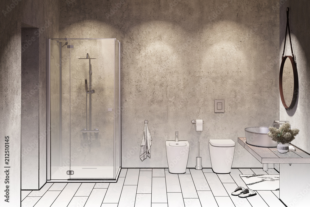 3d illustration. Sketch of a Modern shower room with spotlights in the ...