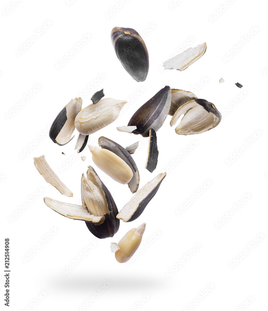 Sunflower seeds crushed into pieces close-up isolated on white ...