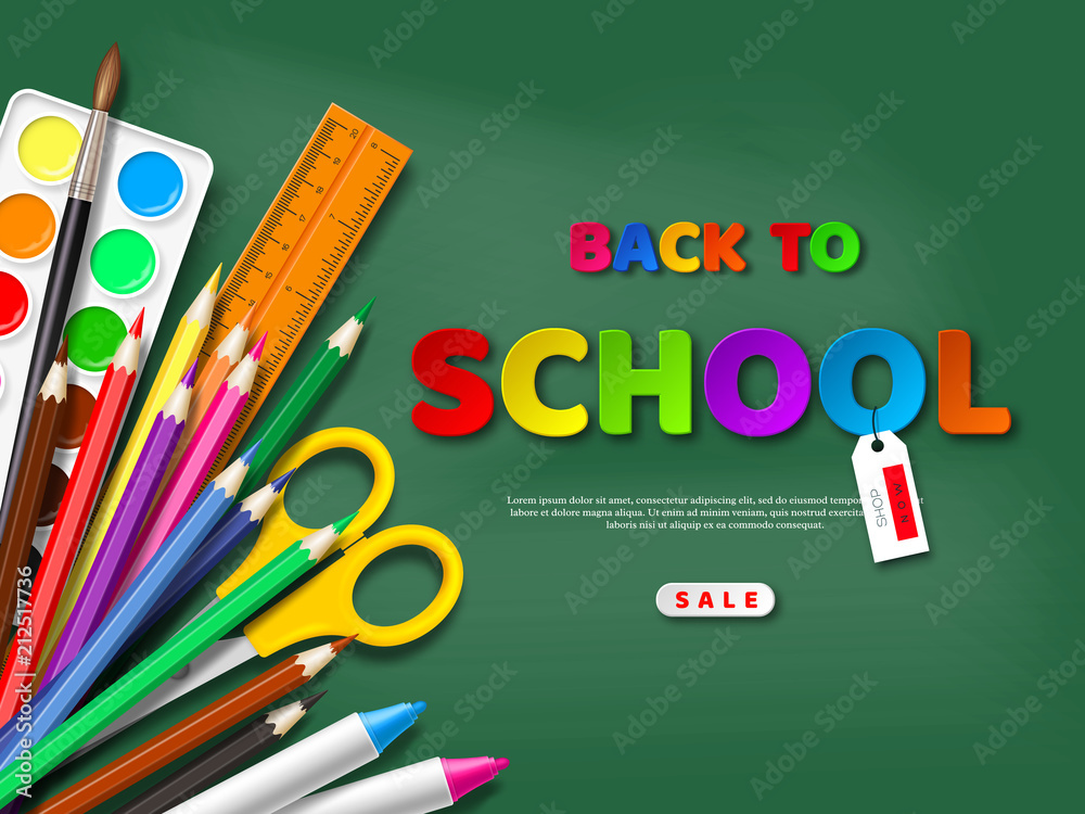 Back to school sale poster with realistic school supplies. Paper cut ...