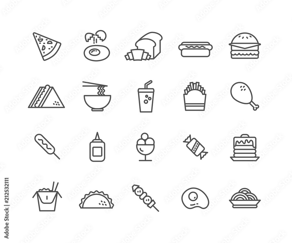 Simple Set of Fast Food vector thin line icons, Editable Stroke linear ...