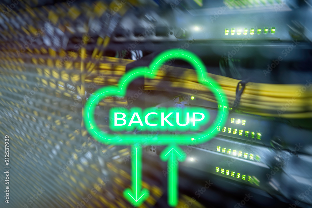 Backup button on modern server room background. Data loss prevention ...