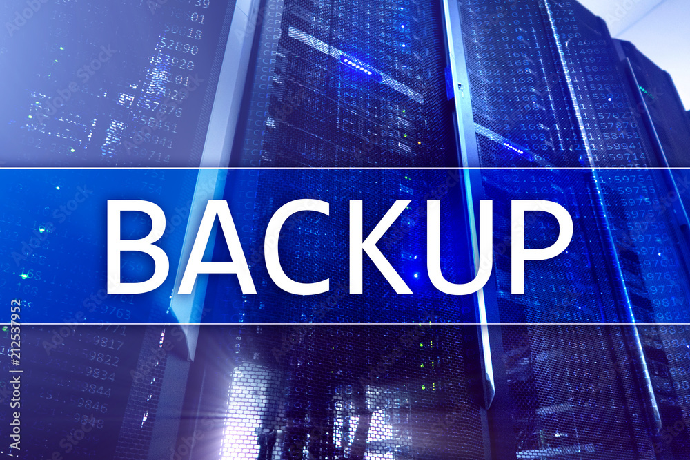 Backup button on modern server room background. Data loss prevention ...