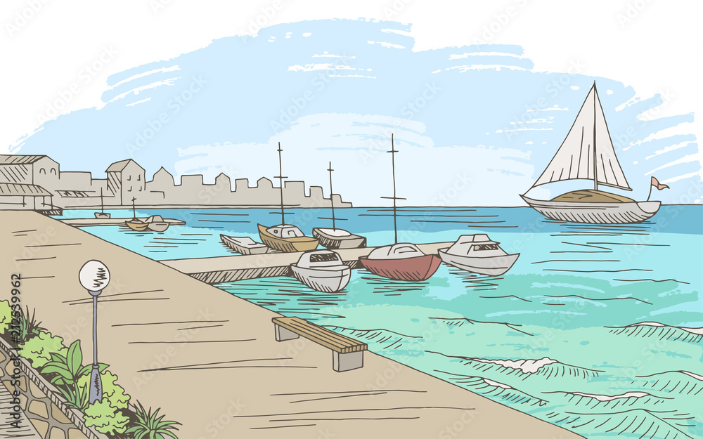 Seafront pier graphic yacht color seascape sketch illustration vector ...