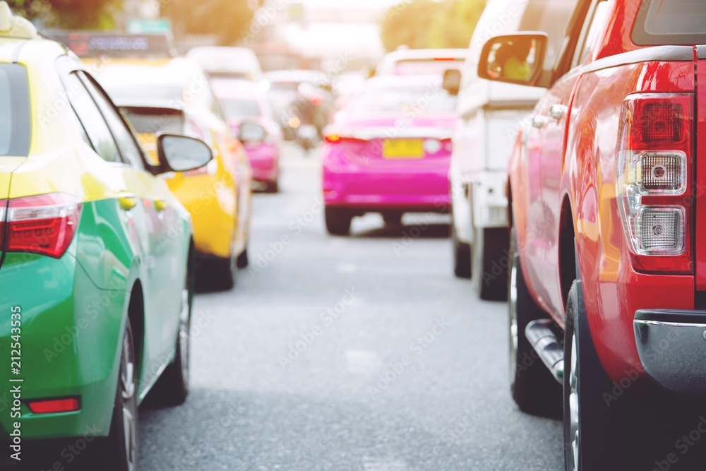 traffic jam in a city street road row of car on express way in rush ...
