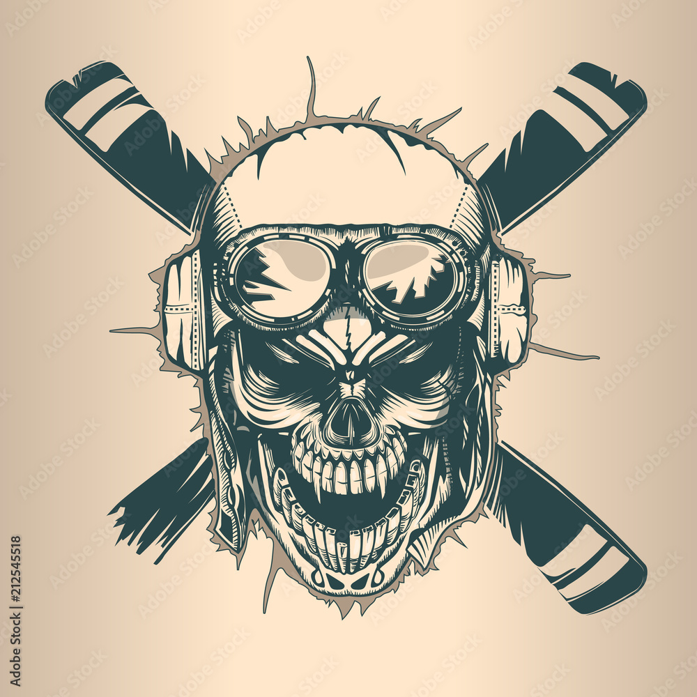 Vintage pilot skull, monochrome hand drawn tatoo style Stock Vector ...