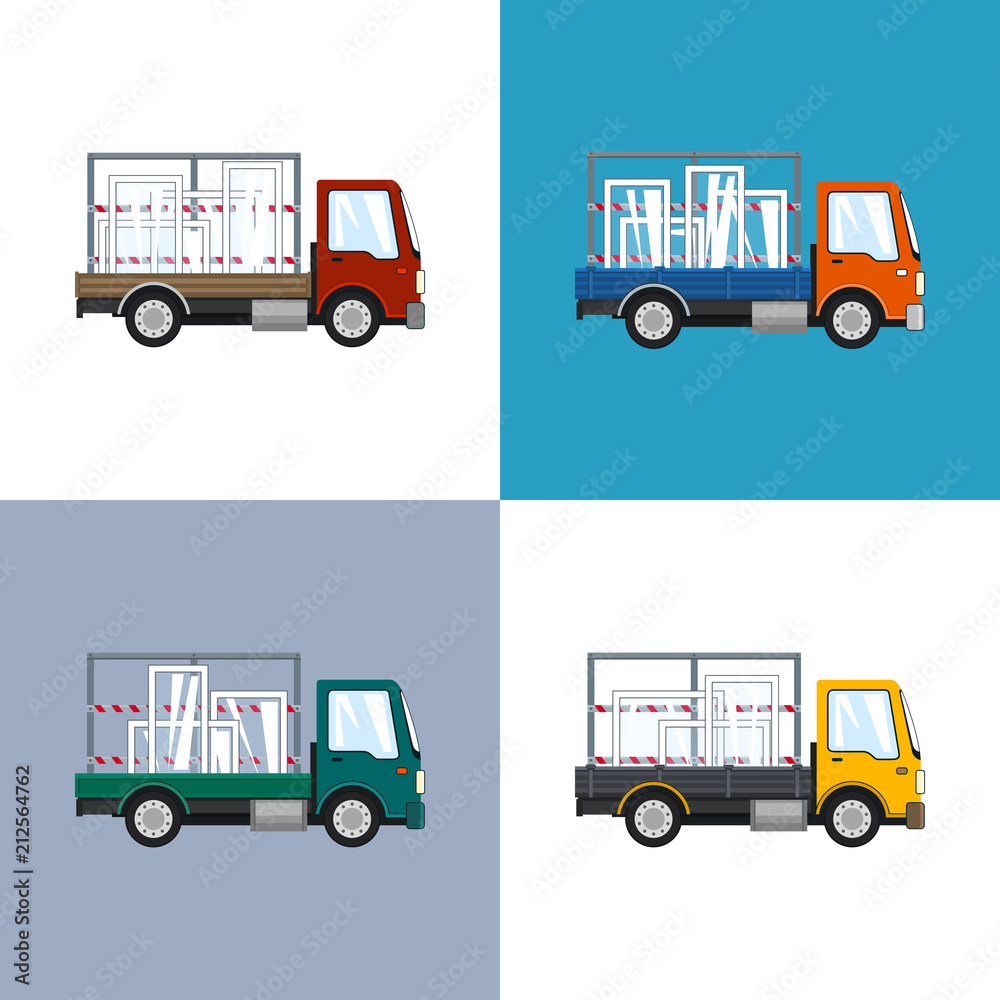 Four Types of Small Trucks, Lorry Transports Windows Isolated ...