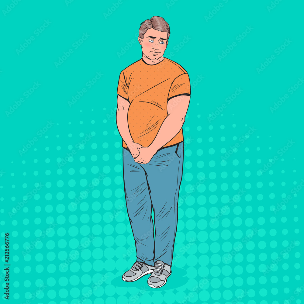 Pop Art Shy Fat Man. Overweight Ashamed Young Guy. Unhealthy Eating ...