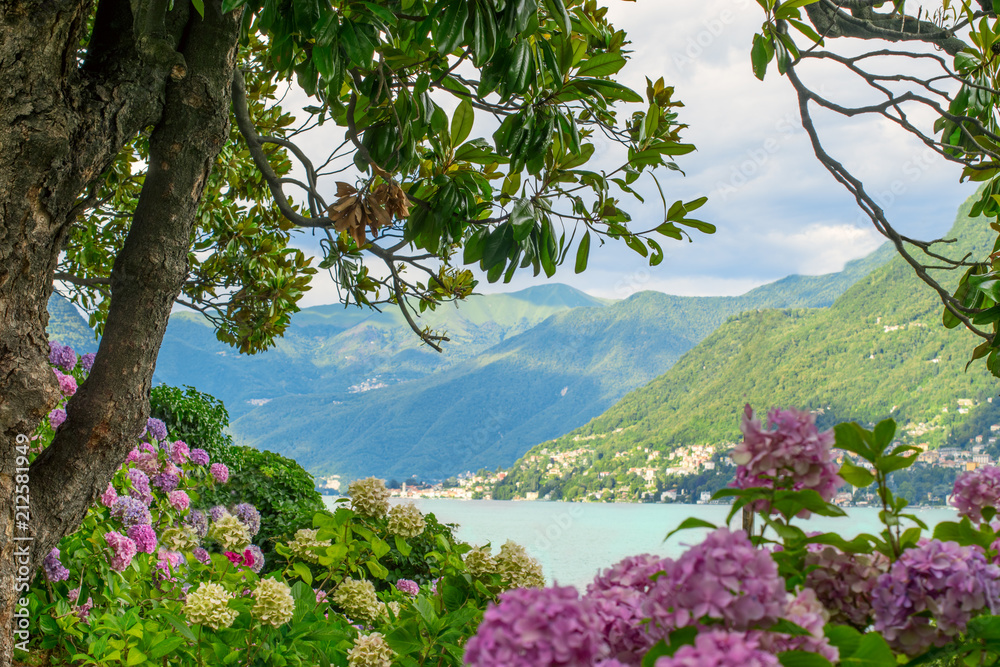 Scenic view of the Alps of Lake Como through an antique park with ...