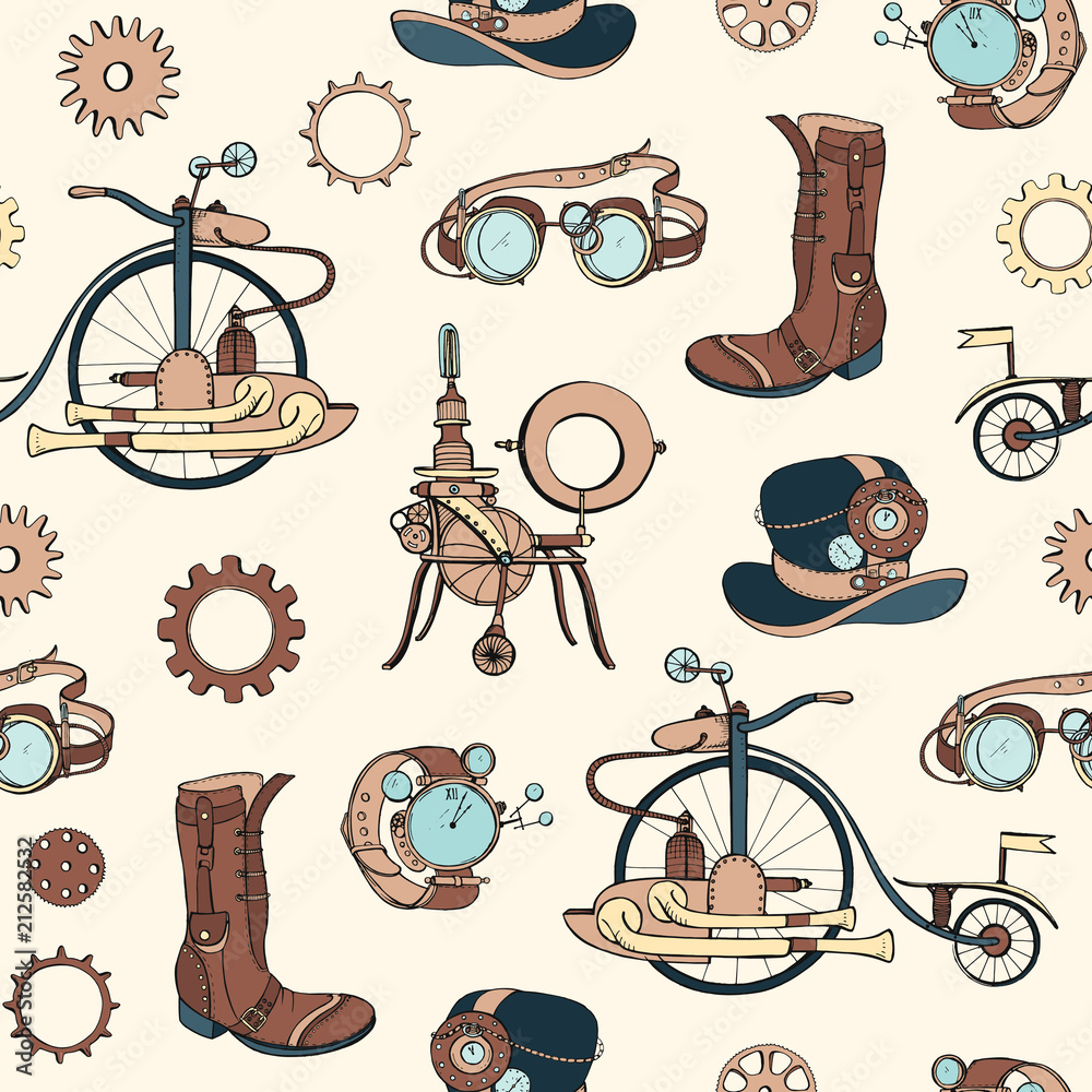 Seamless pattern with steampunk attributes and apparel hand drawn on ...