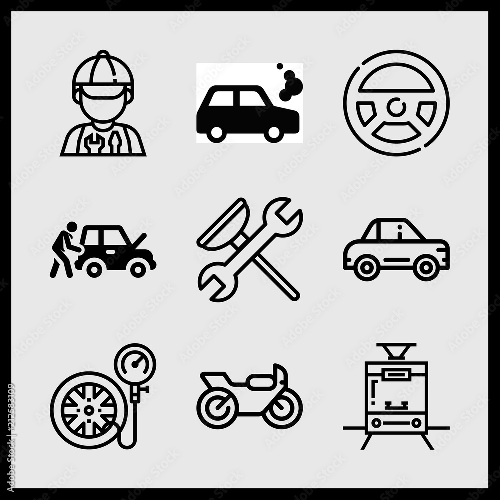 Simple 9 icon set of car related wrench, steering wheel, engine ...