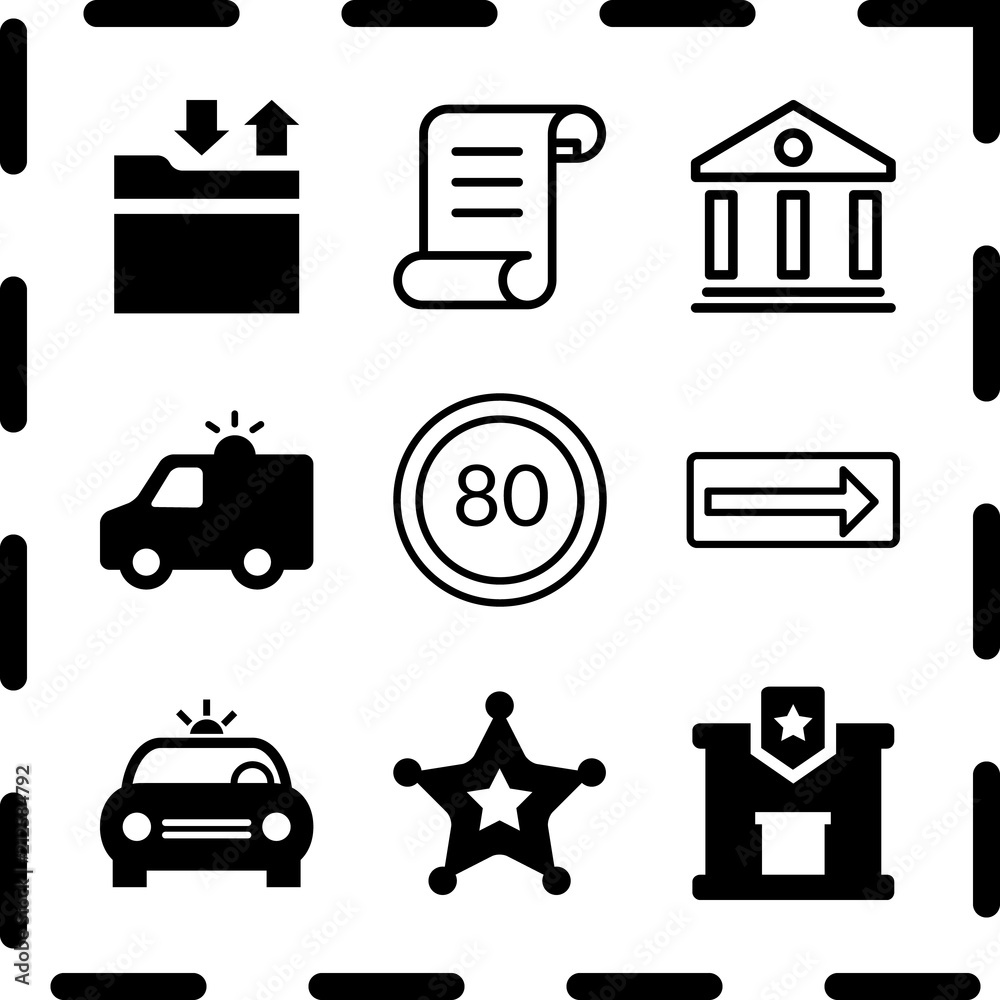 Simple 9 icon set of law related legal paper, sheriff, files and ...