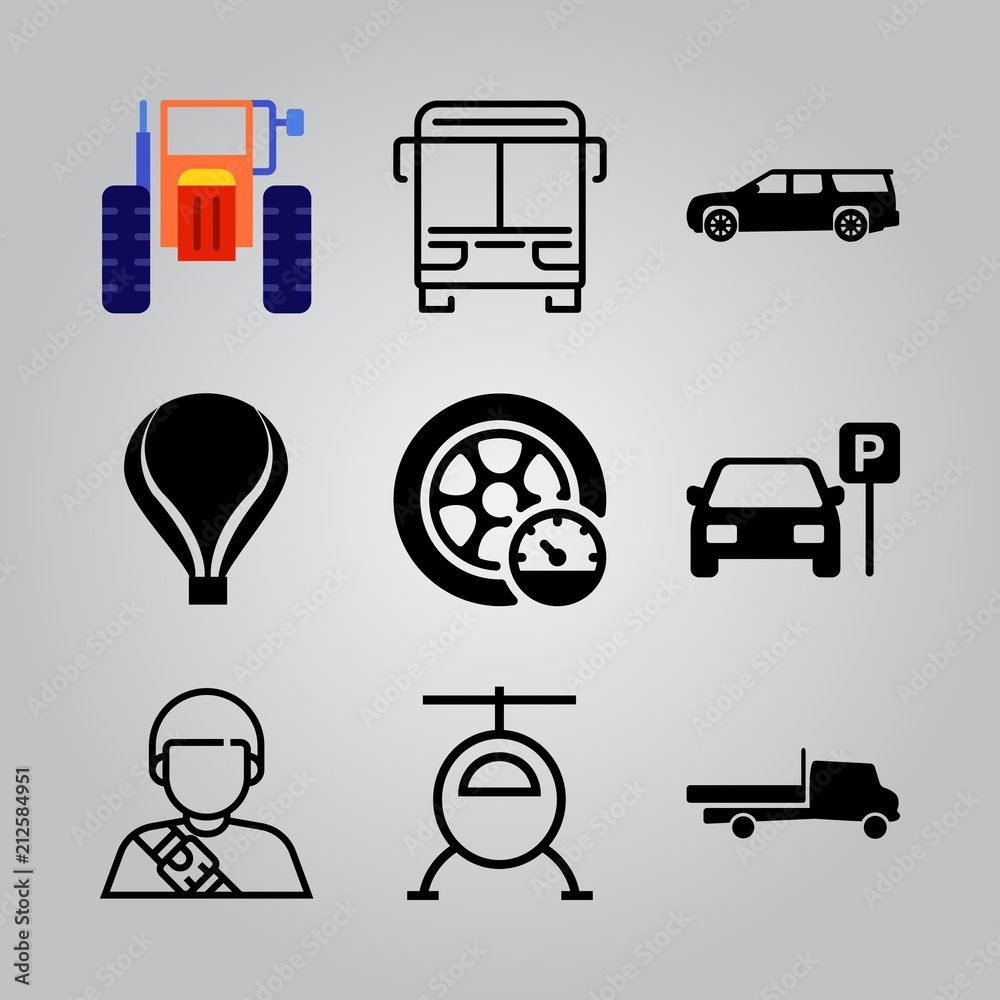 Simple 9 icon set of transport related safety belt, parked car, tractor ...