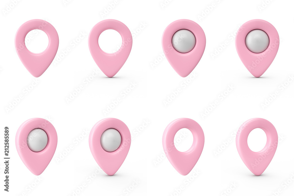 3D Rendering Set of Pink map pointer isolated on white background Stock ...