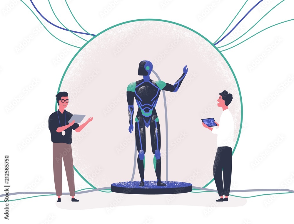 Pair of people standing beside android and controlling it with tablet ...