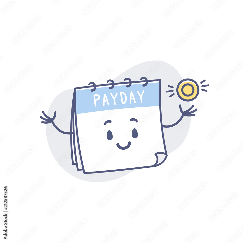 Cute calendar character with payday labeled showing golden coin vector ...