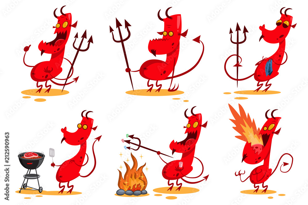 Devil cartoon character set. Funny demon with horns, tail and trident ...