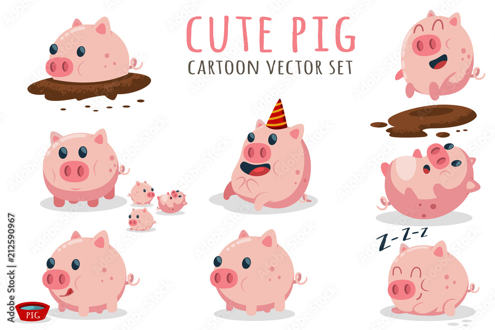 Cute cartoon pig vector set. Illustration with farm animal in different ...