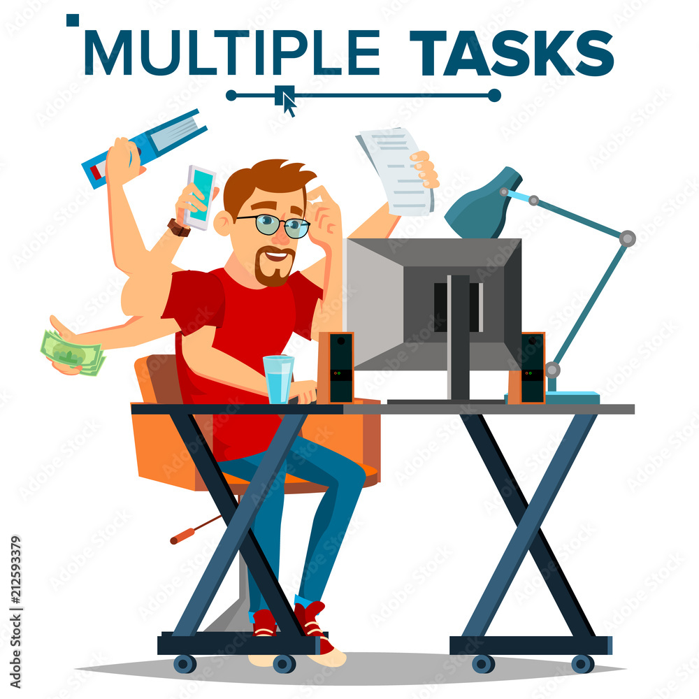 Multiple Tasks Businessman Vector. Many Hands Doing Tasks ...