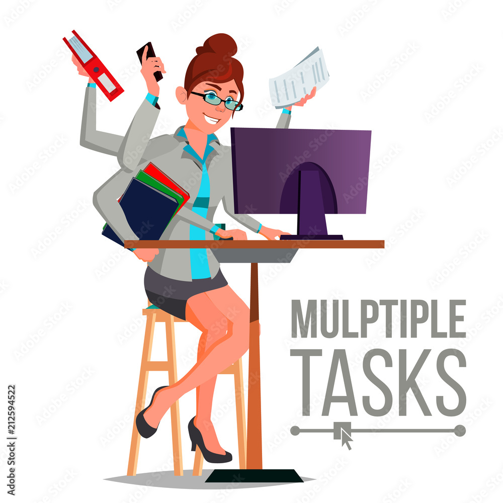 Multiple Tasks Business Woman Vector. Many Hands Doing Tasks ...