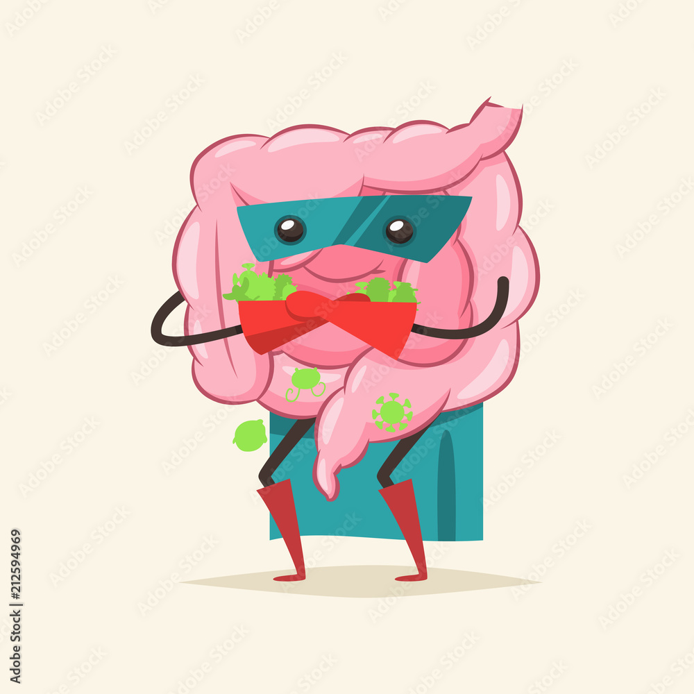 Funny Intestine in superhero costume. Cute gut embraces probiotics and ...