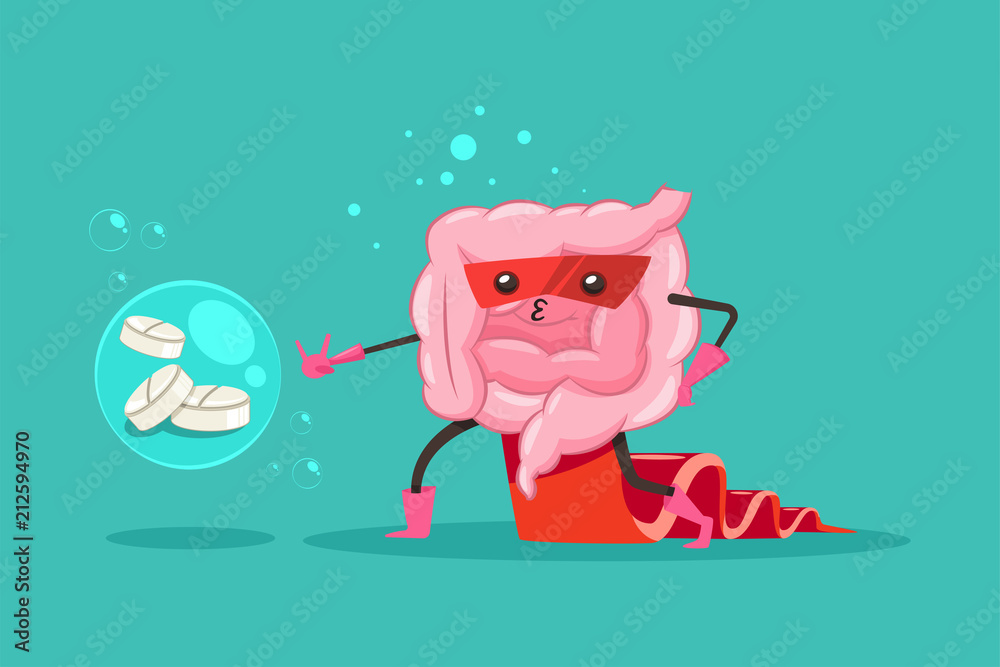 Funny Intestine in superhero costume and mask with a clothes. Cute gut ...