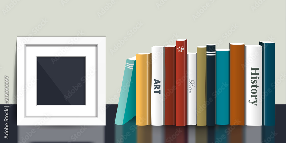 Book shelf with picture mock up frame. Realistic 3D Vector illustration ...