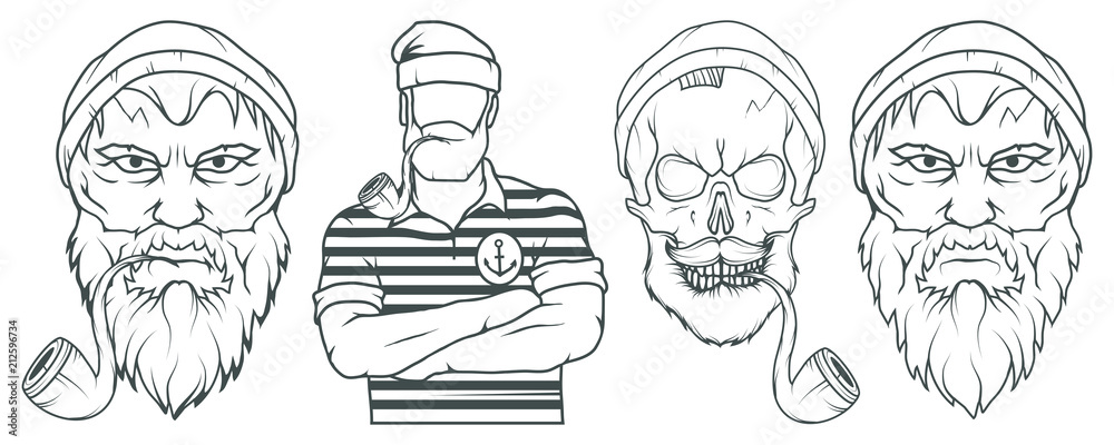 Hand Drawn sailor. Cartoon bearded man character. Sailor character head ...