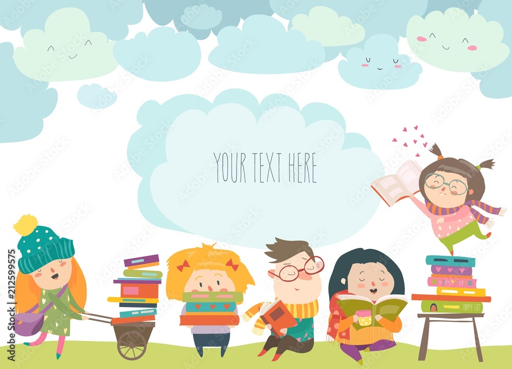 Group of cartoon children reading books Stock Vector | Adobe Stock