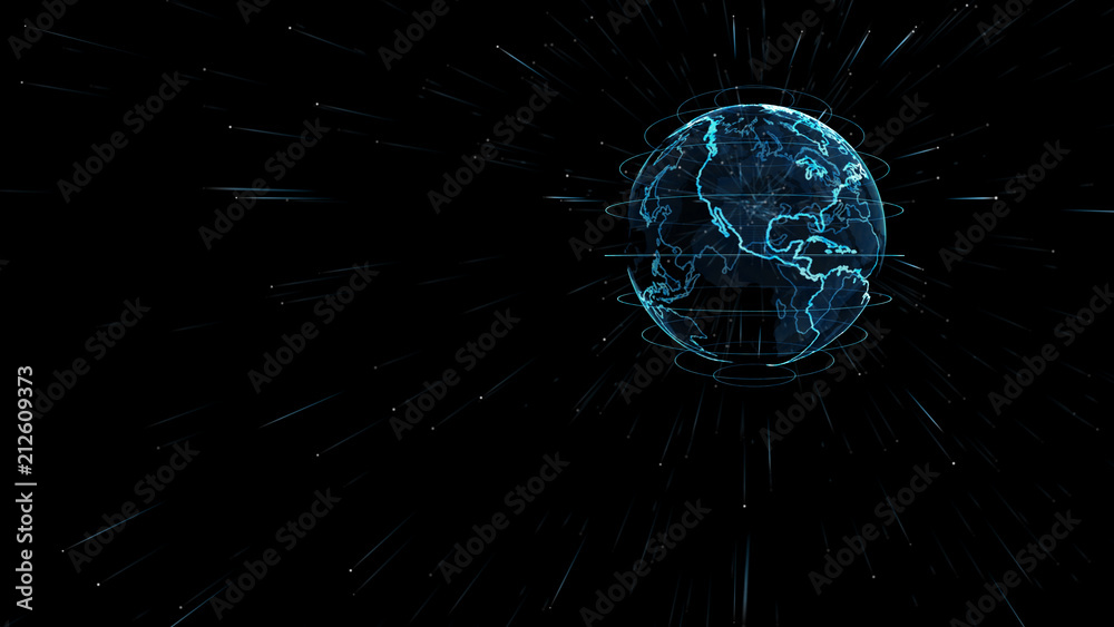 Earth connections, Rotation of glossy planet with glowing particles ...