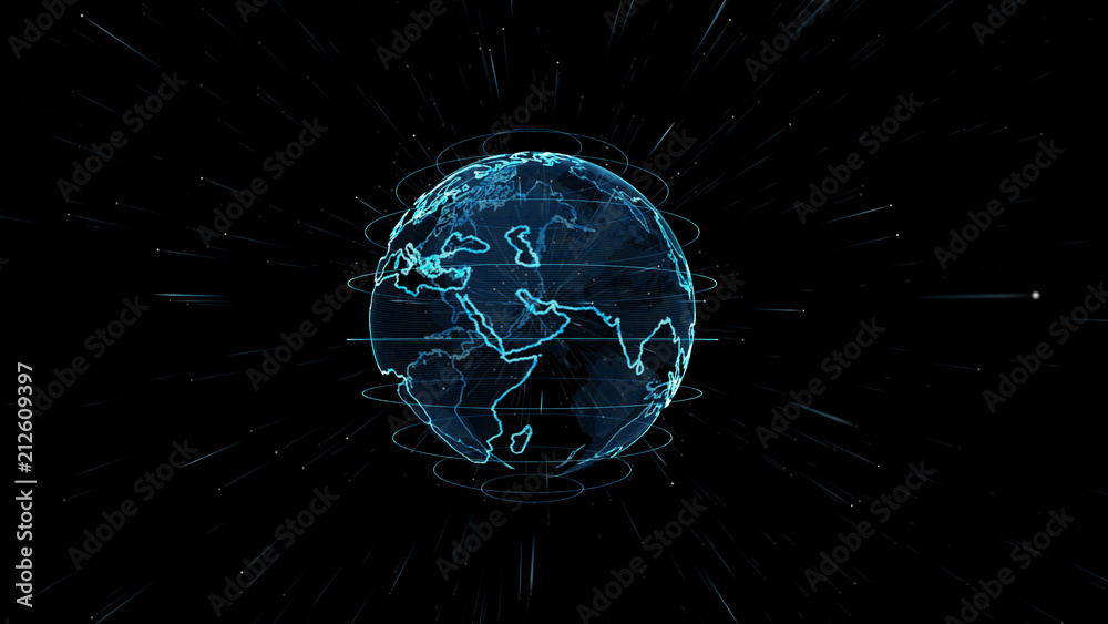 Earth connections, Rotation of glossy planet with glowing particles ...