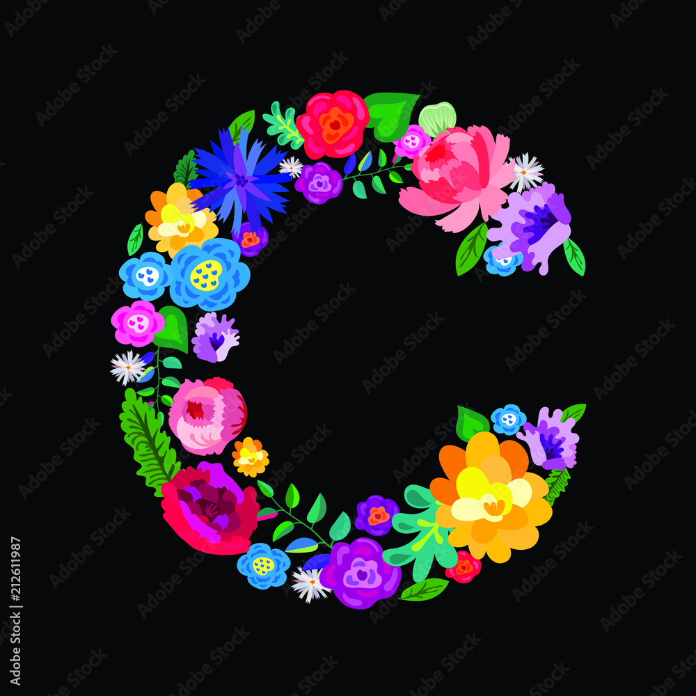 The letter "C" made of flowers on a black background. The letter of the ...