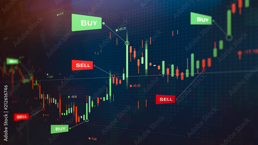 Futuristic stock exchange scene with chart, numbers and BUY and SELL ...