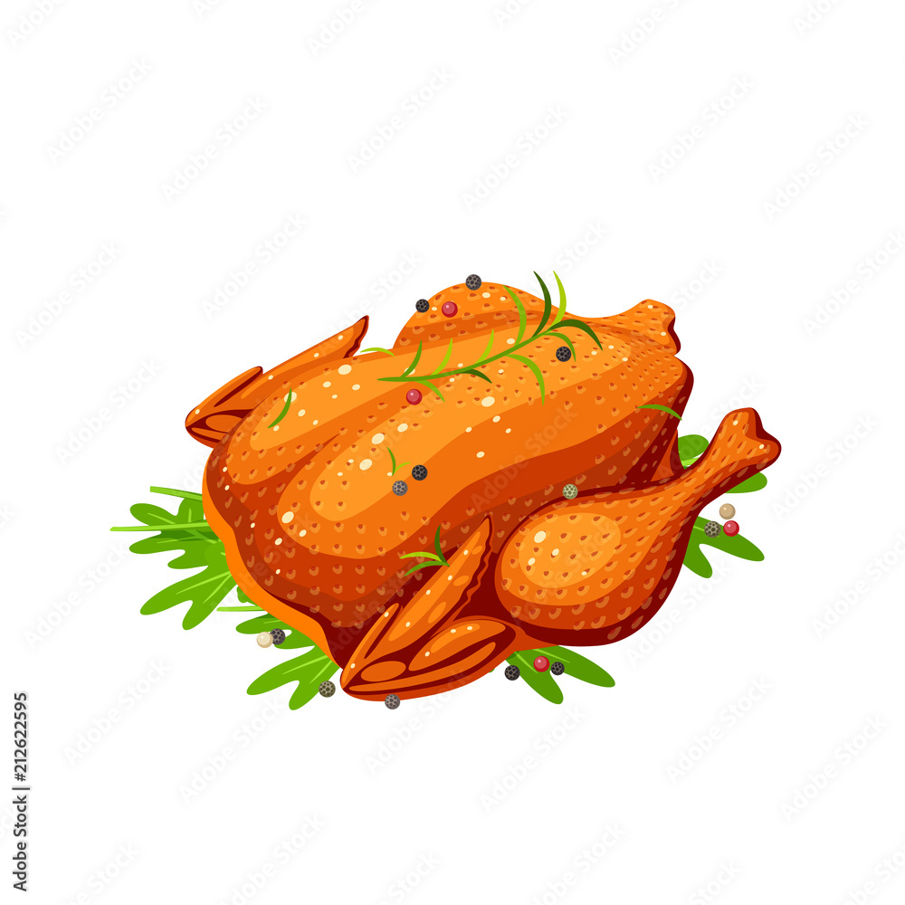 Fried whole chicken with spices and herbs. Vector illustration cartoon ...