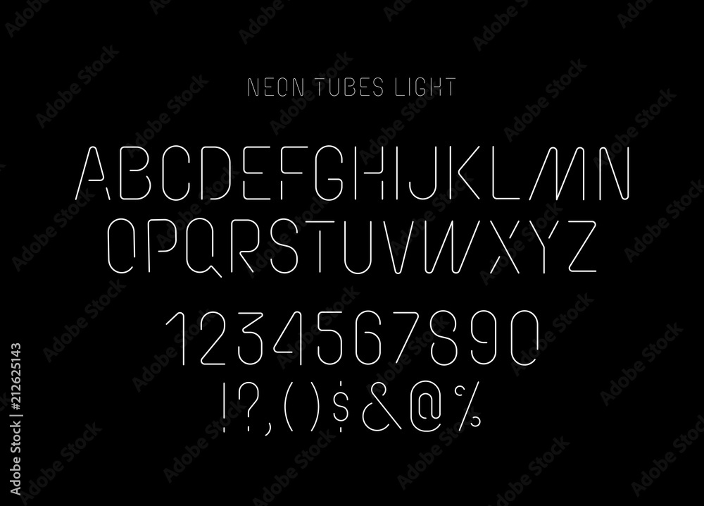 Neon tube font, uppercase and lowercase typography, numerals and ...