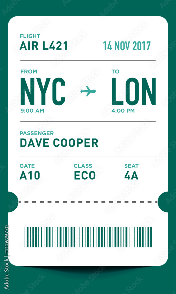 E-Ticket or Boarding Pass Card Template with Bar Code. Flight Ticket ...