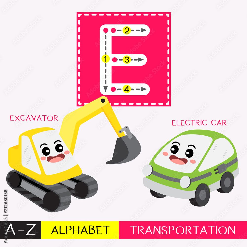Letter E uppercase children colorful transportations ABC alphabet ...