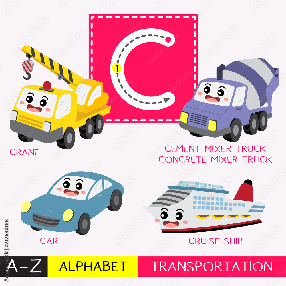 Letter C uppercase children colorful transportations ABC alphabet ...