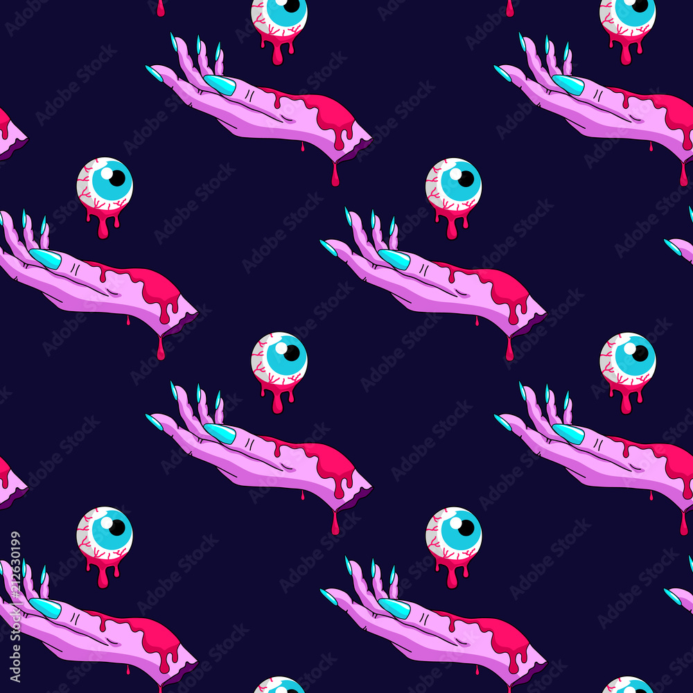 Pink zombie hands with bloody eyes seamless pattern. Halloween ...