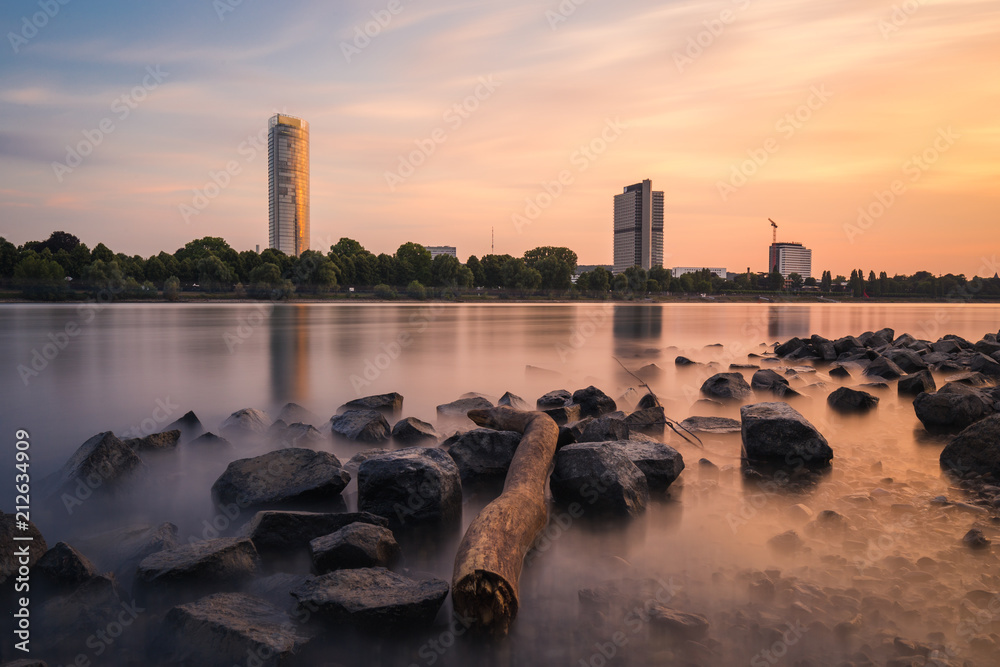 Long Exposure of the Skyscrapers of Bonn City at sunset and the river ...