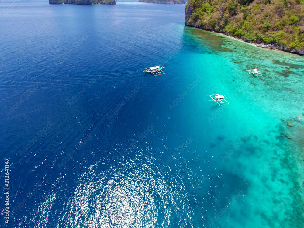 The azure blue sea. Top view of a tropical island with palm trees and ...