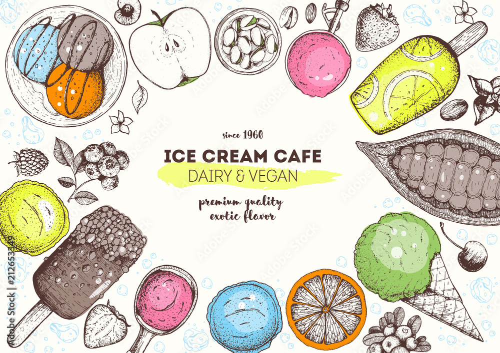 Ice cream top view frame. Hand drawn food elements with ice cream ...