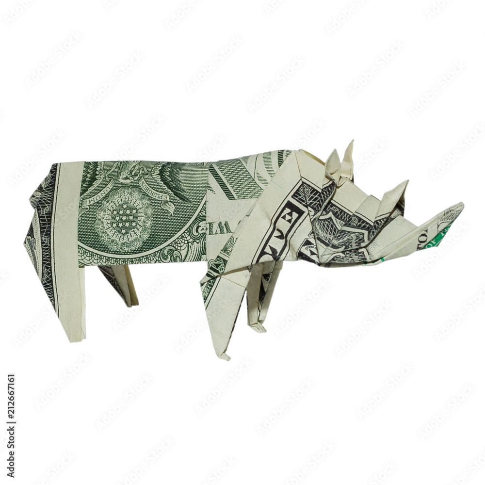 Money Origami RHINOCEROS Folded with Real One Dollar Bill Isolated on ...