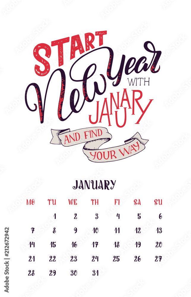 Vector calendar for month 2 0 1 9. Hand drawn lettering quotes for ...
