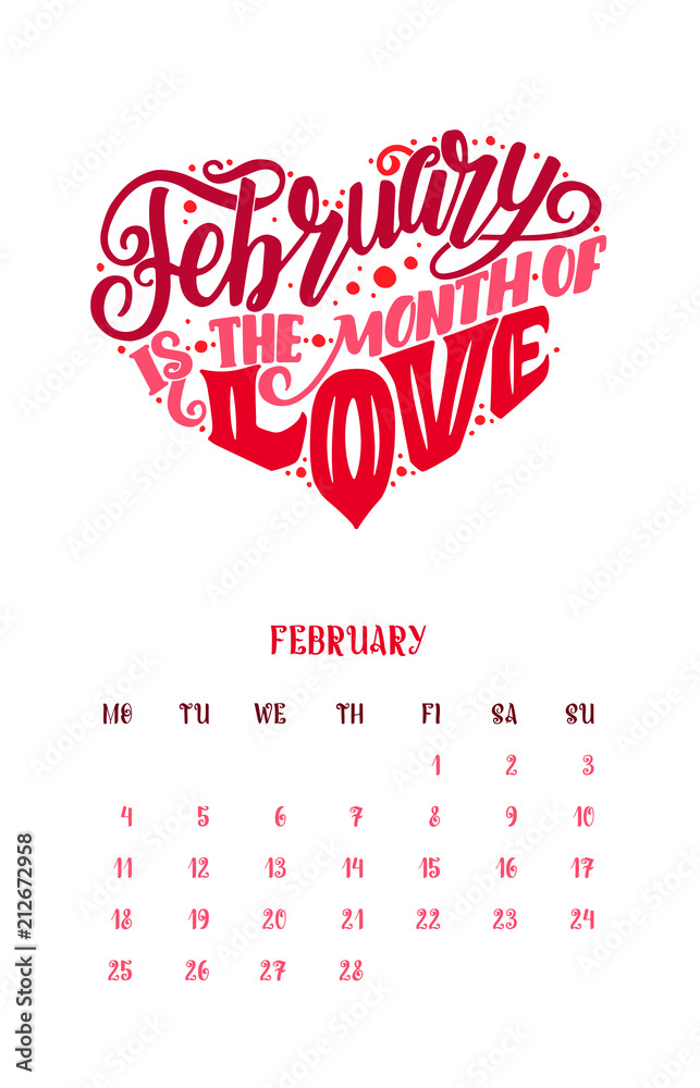 Vector calendar for month 2 0 1 9. Hand drawn lettering quotes for ...