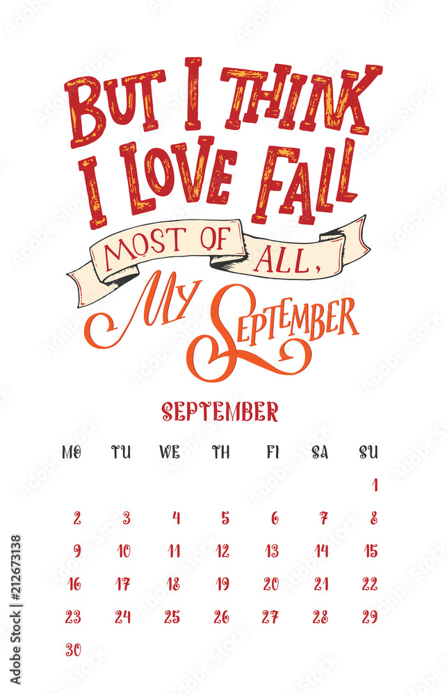 Vector calendar for month 2 0 1 9. Hand drawn lettering quotes for ...