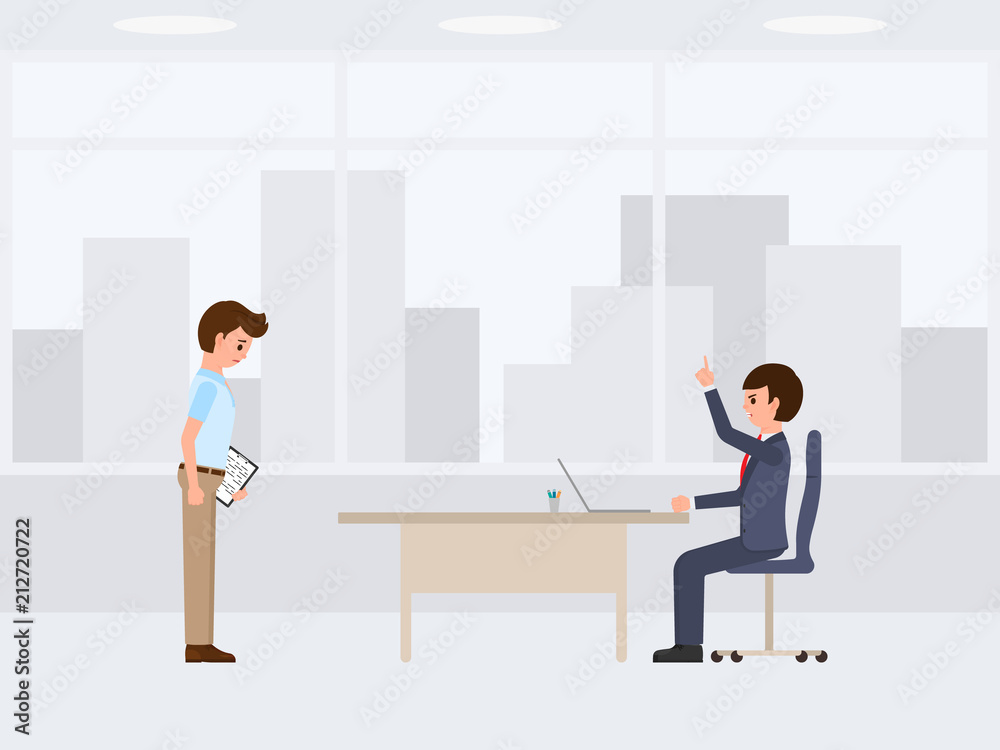 Unhappy worker with wrong report and angry boss cartoon character ...